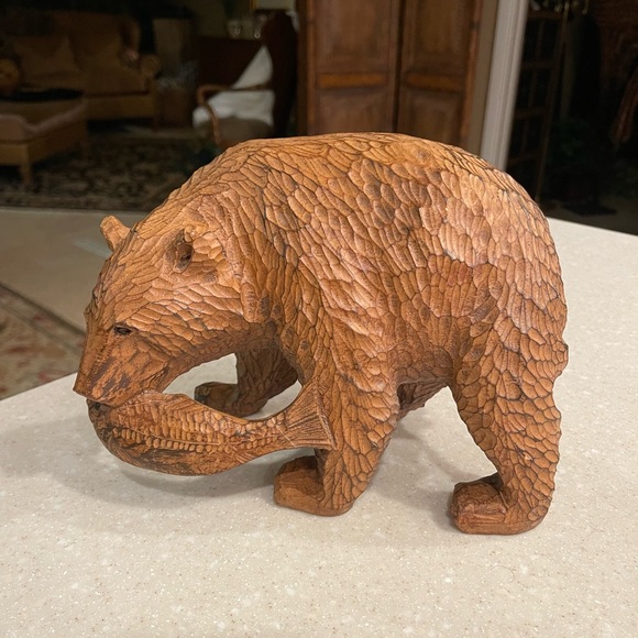 Art | Vintage Wood Hand Carved Bear With Fish | Poshmark